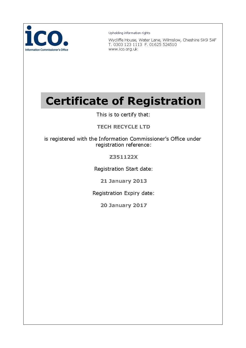 ICO Registration Certificate – Tech Recycle