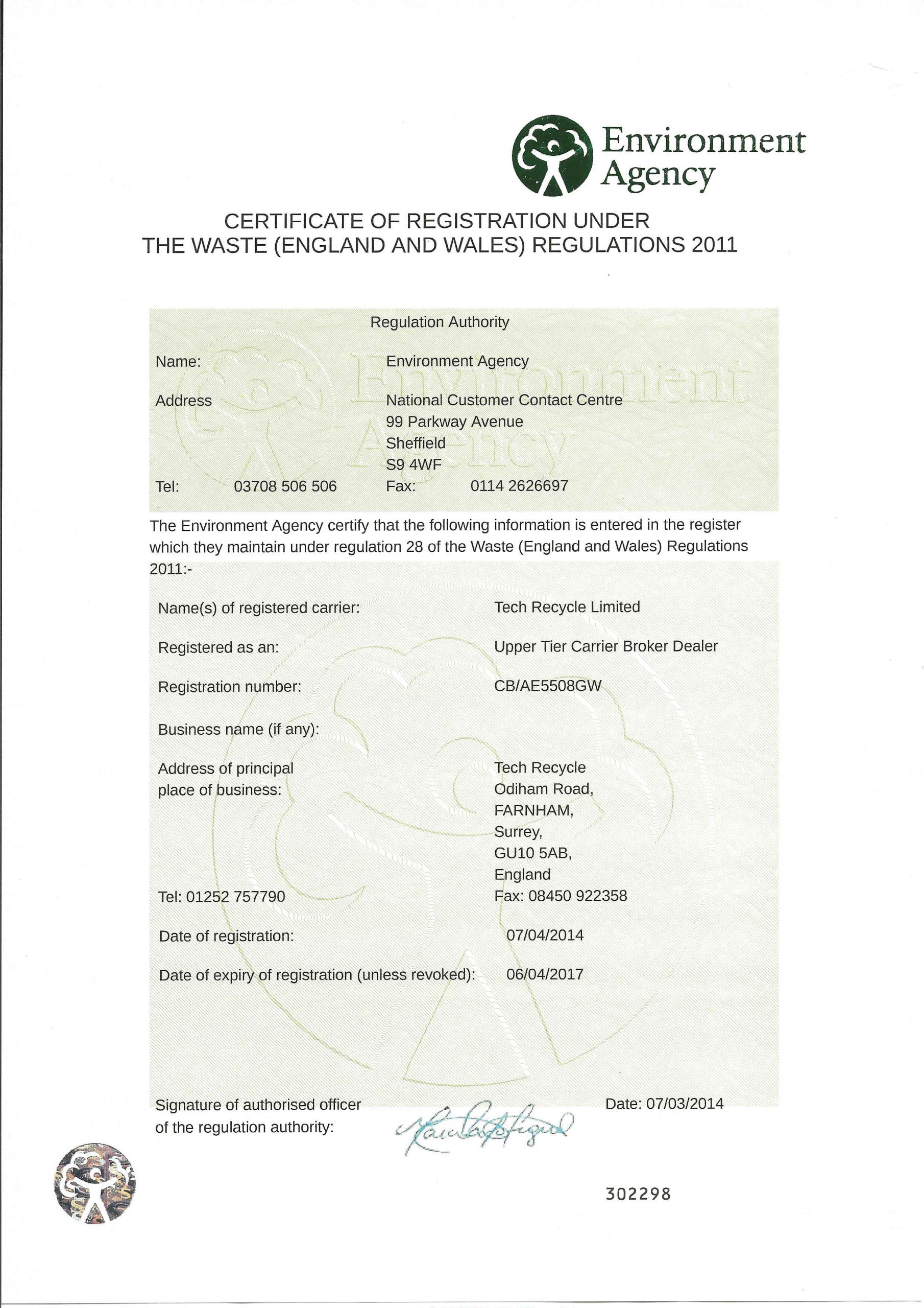 Upper Tier Certificate 2014 – Tech Recycle